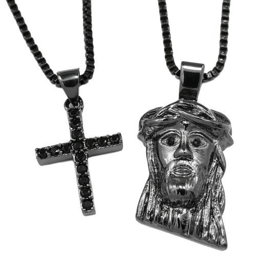 18k Black Gold Jesus + Iced Cross Combo With Box Chain – Niv's Bling