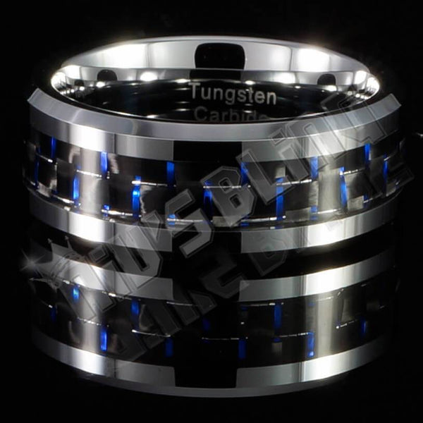 Black and Blue Carbon Fiber Silver Tungsten Carbide Ring – Niv's Bling